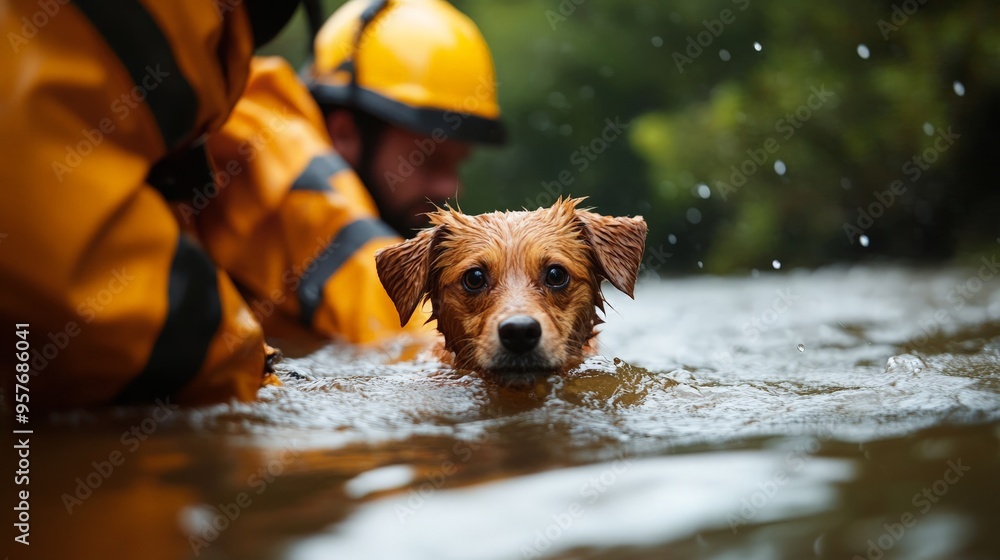 Rescue team saving a wet dog from flood waters, showcasing teamwork and ...