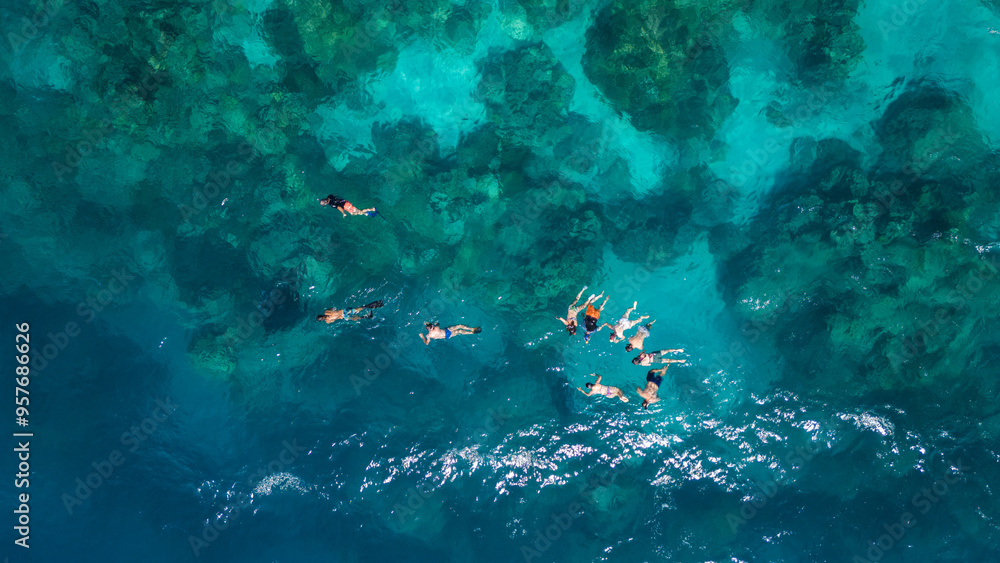 A group of people snorkeling swim on the surface of deep ocean water ...