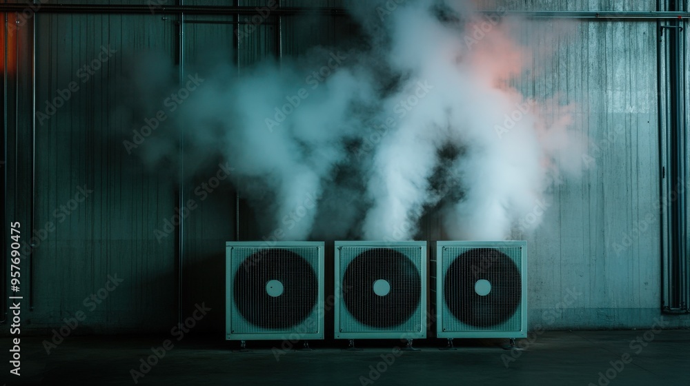 Industrial scene with three air conditioning units emitting steam in a ...