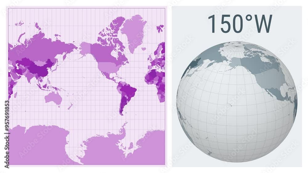 World Map Animation. Spherical Mercator projection. Colored countries ...