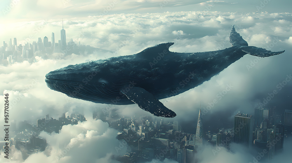 An unearthly scene where a huge whale swims through the clouds above a ...