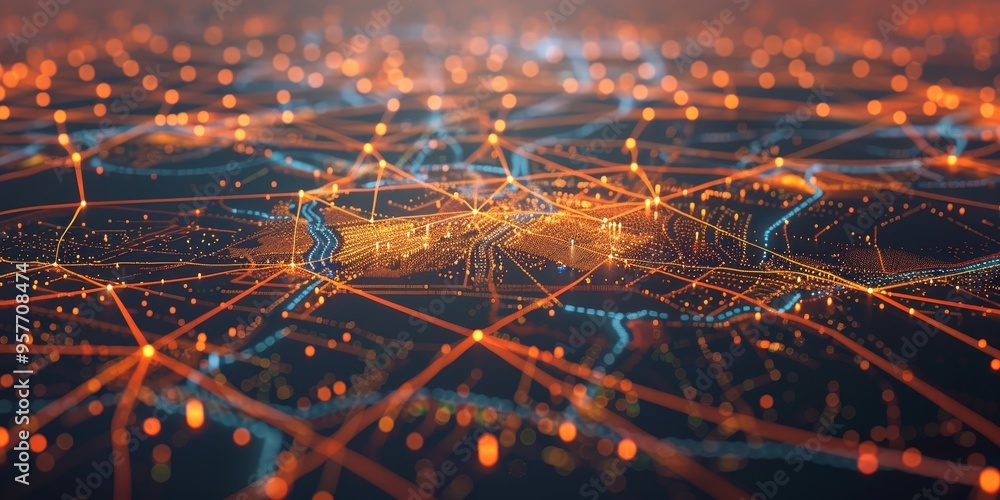 Abstract network map with nodes and pathways connecting cities ...
