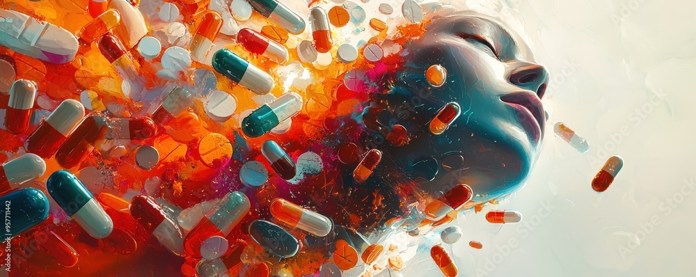 Modern digital art focused on prescription drug abuse prevention, with ...