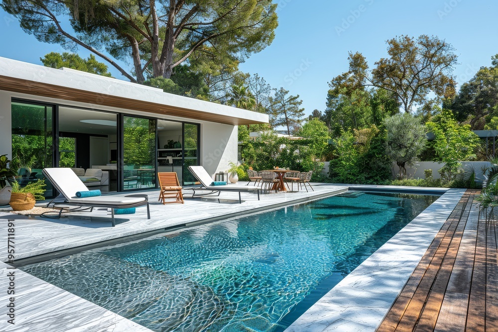 Modern swimming pool with white marble and minimalistic design in a ...
