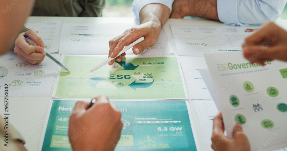 Closeup group Asia businesspeople talk ESG strategies risk management workshop, SDGs report ...