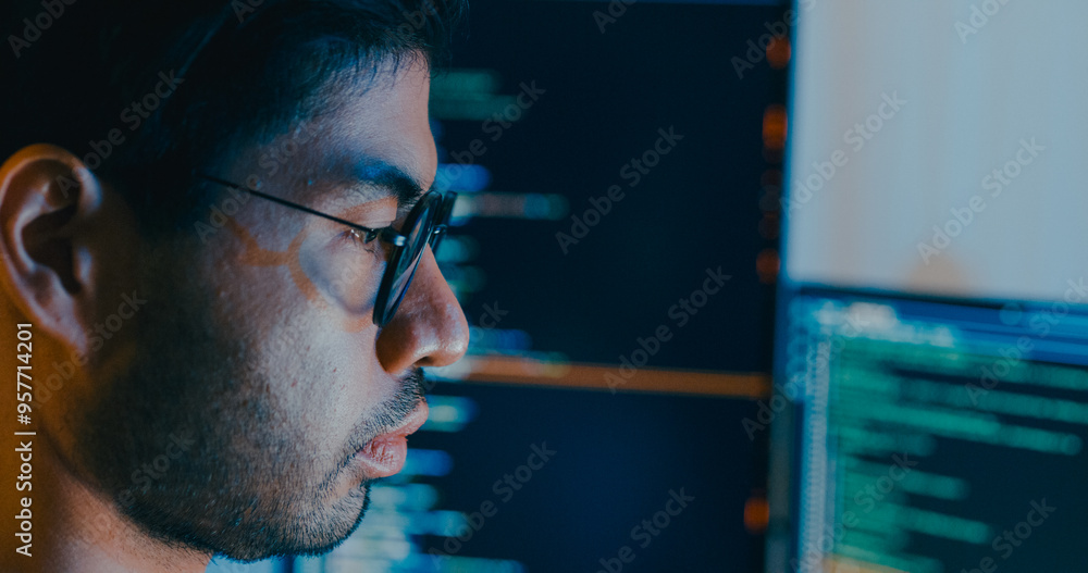 Closeup young adult Asia male freelance typing write prompt AI bot IT app smart program nomad ...