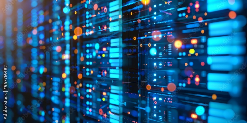 Network server room with rows of glowing data servers, illustrating ...