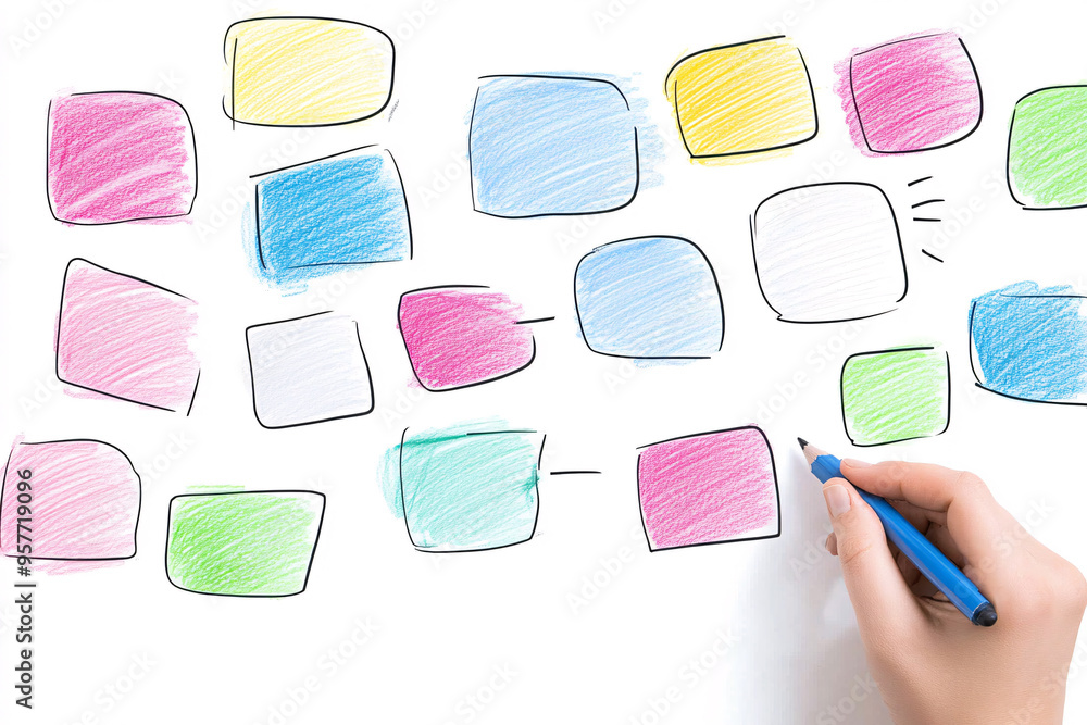 A hand is drawing a colorful block of shapes on a white background. The ...