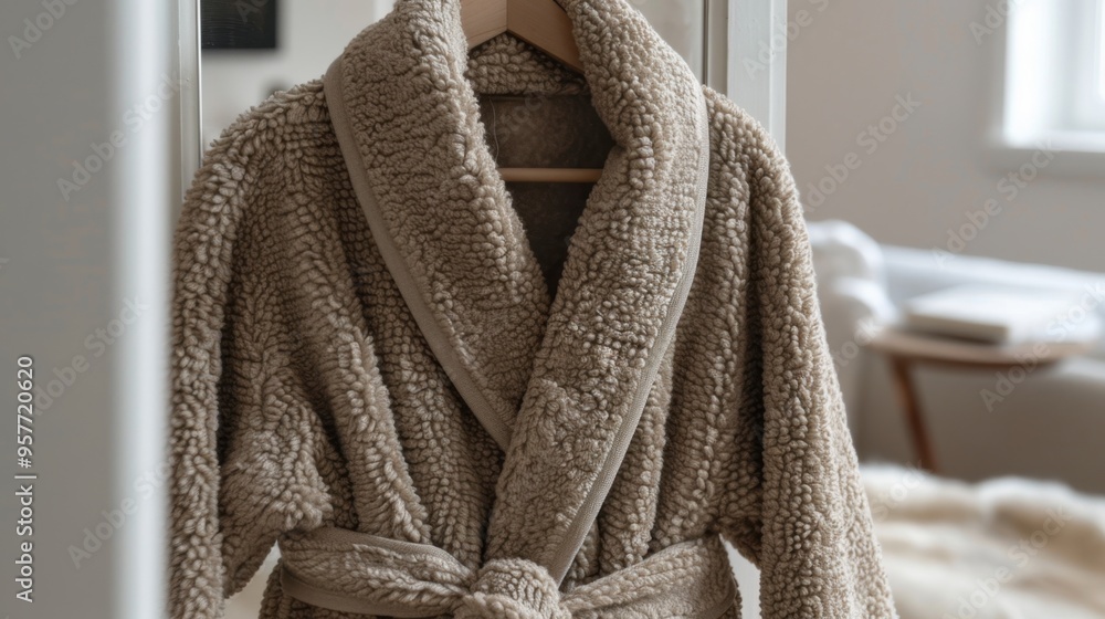 Bathrobe: A plush, 100% cotton bathrobe, softly draped on the hook ...