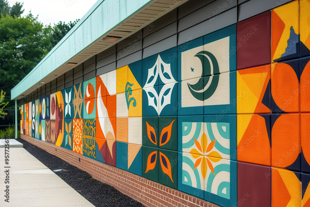 A vibrant mural on a community center wall. Symbols of various ...