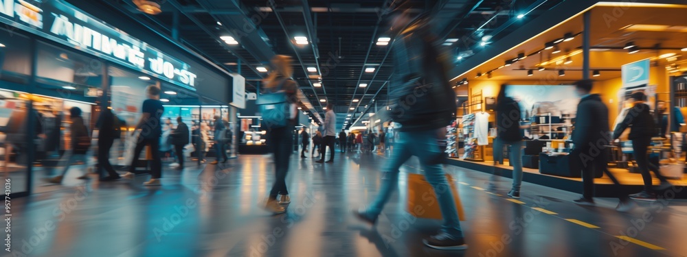 Exhibition expo event trade fair hall with busy bustling people walking ...