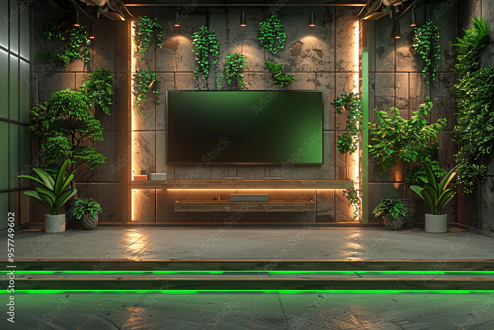 A 3D-rendered TV studio with a wall-mounted TV serves as an ideal ...