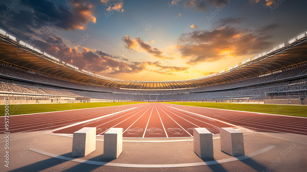 front view of an athletics stadium with a racetrack and starting blocks ...