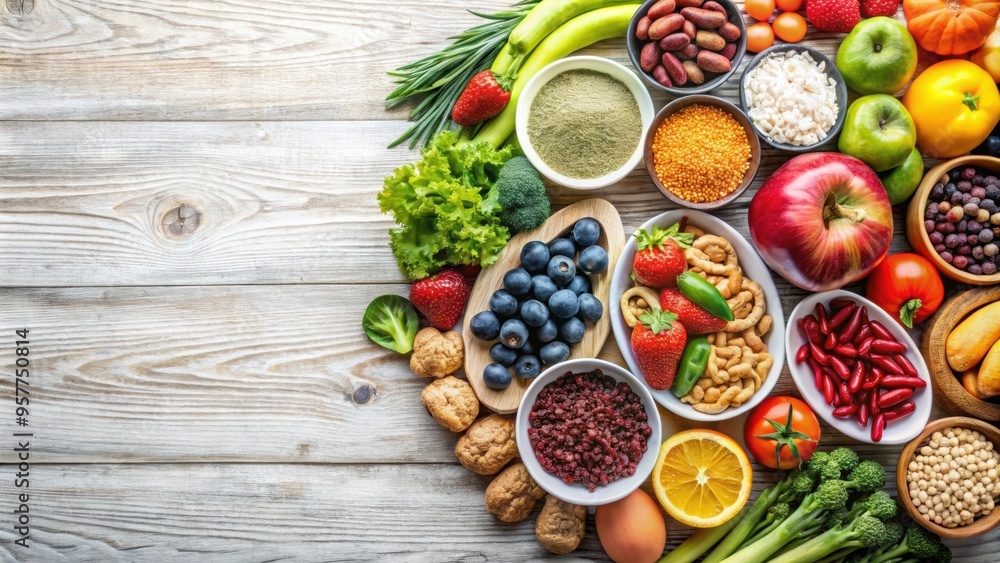 Healthy digestive system with fresh fruits and vegetables, nuts, and ...