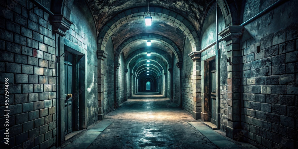 Dark and eerie corridor of an abandoned dungeon , dungeon, old ...