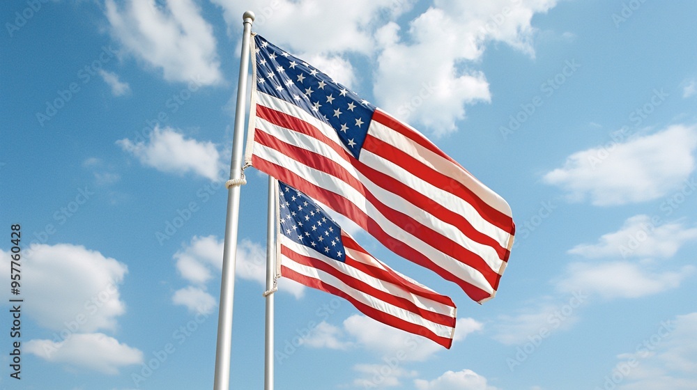 American Flags Flying High: A pair of American flags flutter proudly in ...