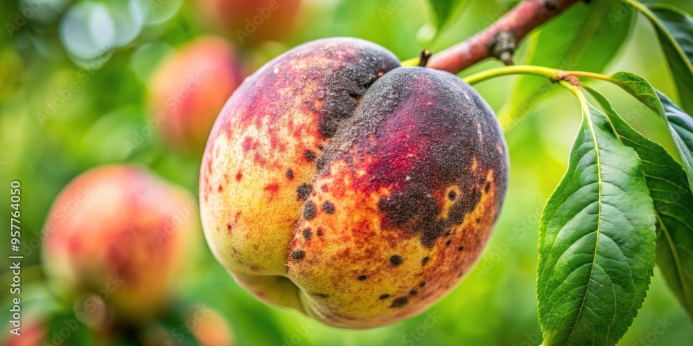 Close-up of ripe peach fruit with black scab spots in a garden ...