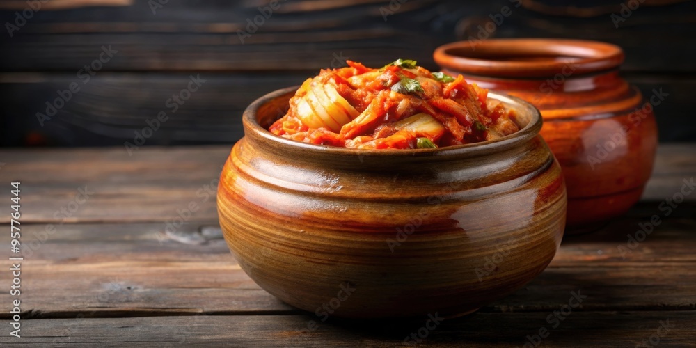 Authentic Korean kimchi in a traditional ceramic jar, fermented, spicy ...