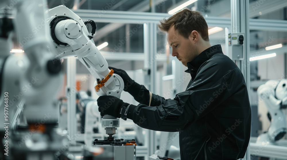 Engineer calibrating robotic arm in advanced manufacturing facility ...