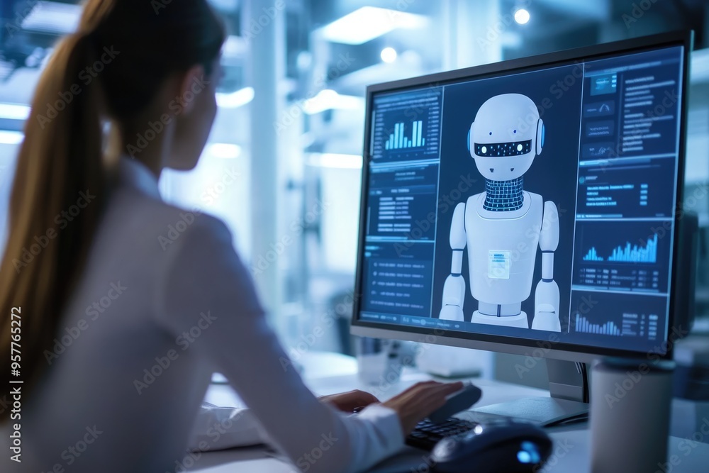 A businessperson monitors an AI-powered chatbot system on their ...