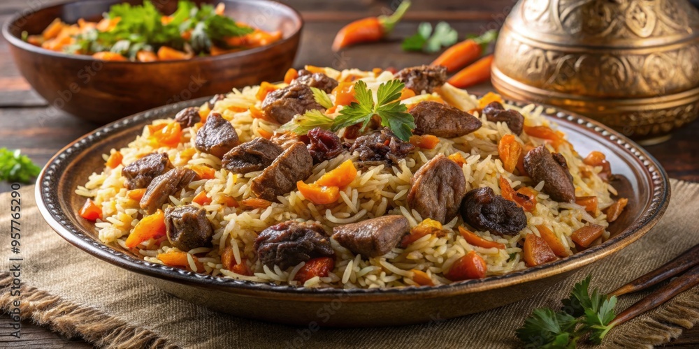 Traditional Afghan rice dish cooked with seasoned lamb, carrots, and ...