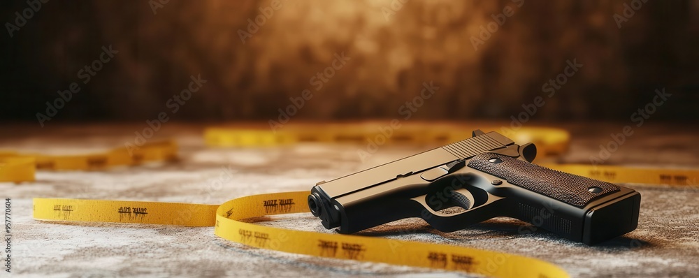 Crime scene with a gun marked as evidence, police tape in the ...