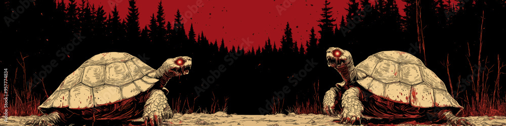 Dark, eerie illustration of two skeletal tortoises with glowing red ...