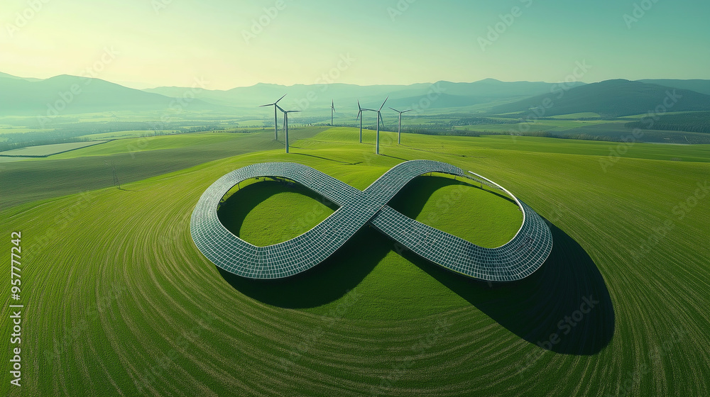 Illustration of an infinity symbol made of solar panels and wind ...