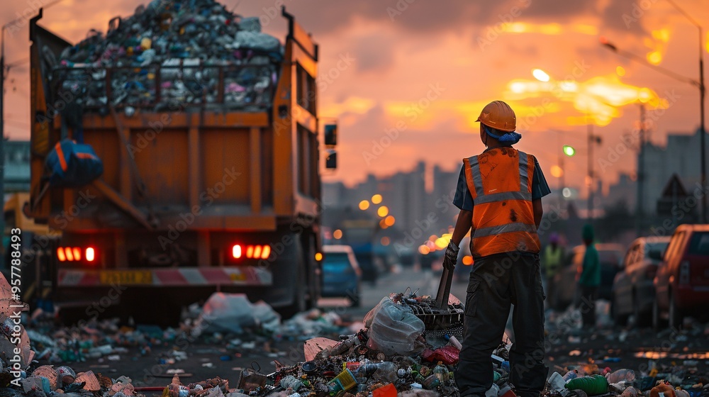 07231249 677. High-resolution image of a sanitation worker picking up ...