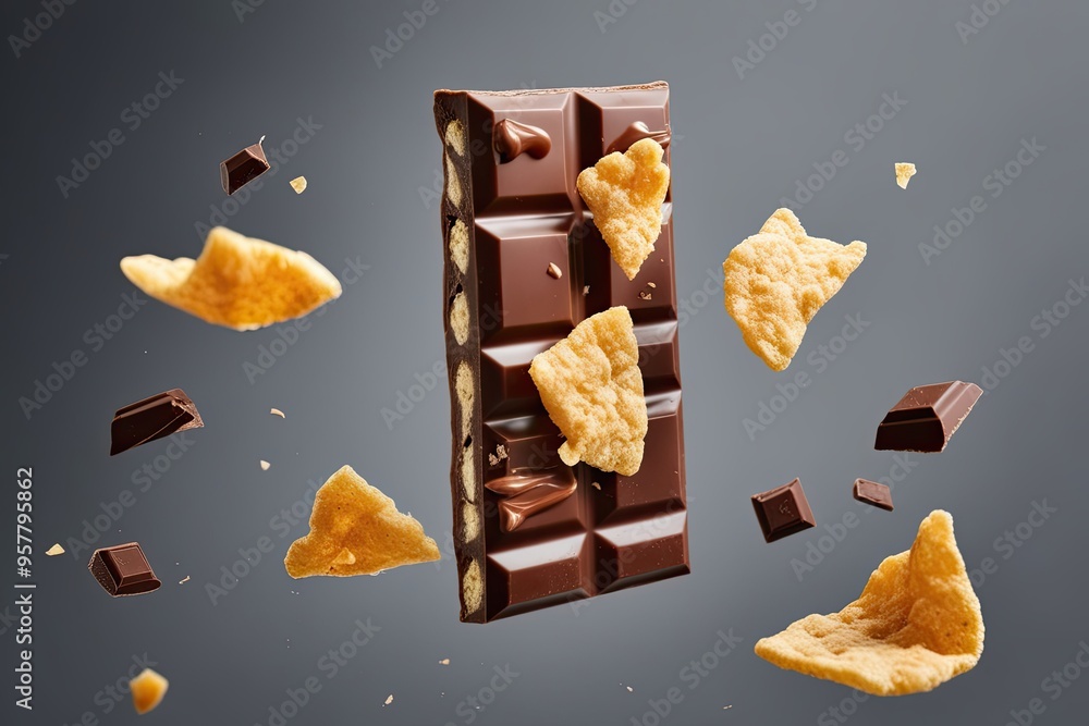 Crispy Chocolate Bar Wafer Falling in Air with Flaky Texture Stock ...