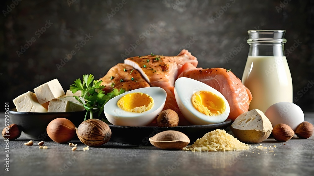 High-protein diets (eegs chicken fish salmon tofu beans and nuts ...