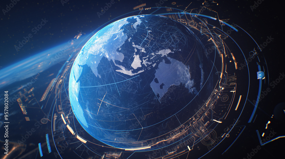 Abstract Digital Planet Earth with Glowing Dots and Global Network ...