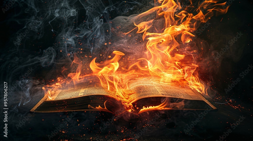 07240954 69. A dramatic image of an open book on fire, with flames ...