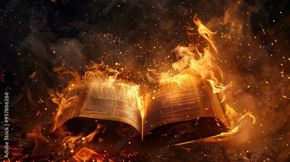 07240954 70. An intense scene of an open book being consumed by flames ...