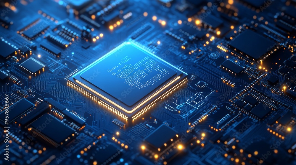 Brightly glowing AI chip on light circuit board on technology blue background. CPU processor or ...