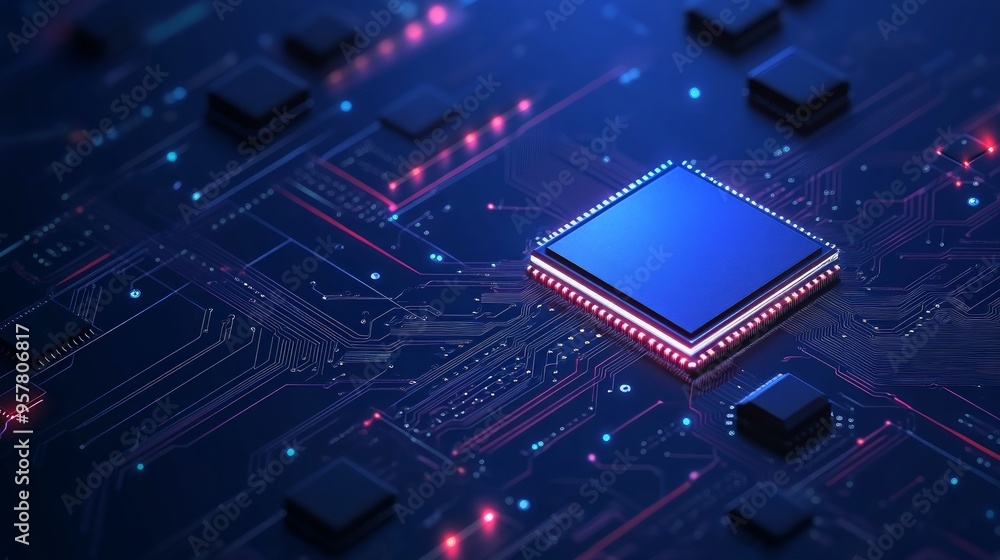 Brightly glowing AI chip on light circuit board on technology blue background. CPU processor or ...