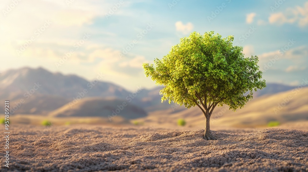 A vibrant 3D tree in the foreground with arid land in the background ...