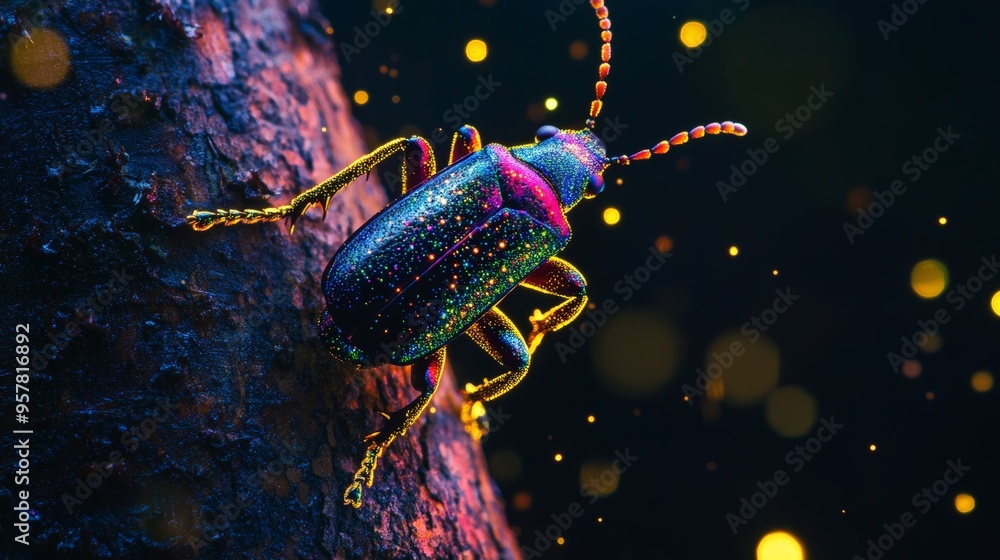 Colorful neon light effect on a beetle climbing up a tree trunk against ...