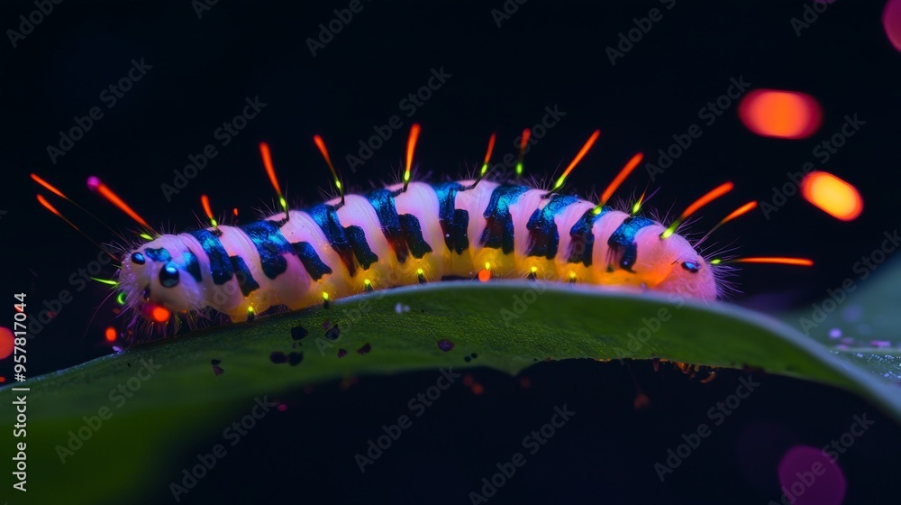 Colorful neon light effect on a caterpillar crawling on a leaf against ...