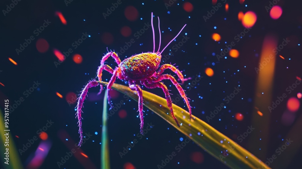 Colorful neon light effect on a tick clinging to a blade of grass ...