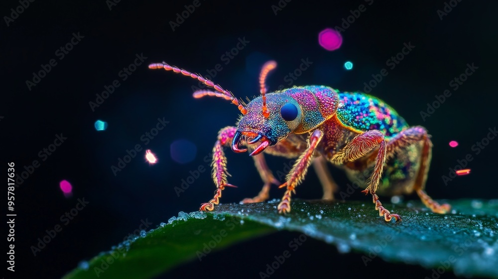 Colorful neon light effect on a weevil nibbling on a leaf against a ...