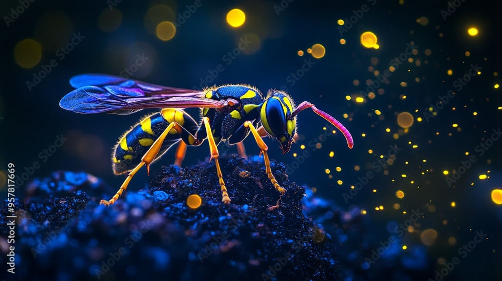 Colorful neon light effect on a wasp building a nest against a dark ...