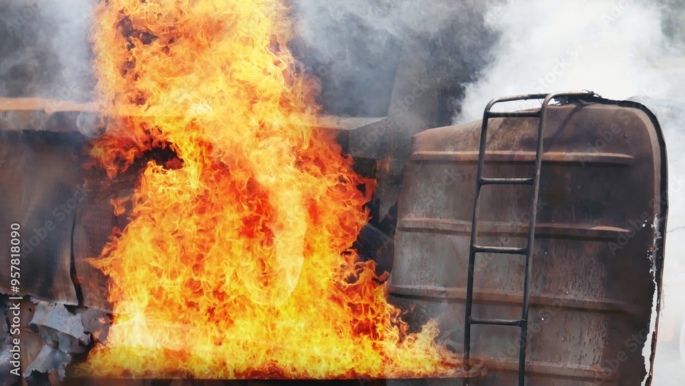 Fire explosion flammable car fire on street smoke, hot danger flame ...
