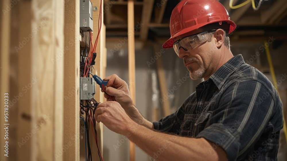 An electrical system inspection in a newly built home, featuring an ...