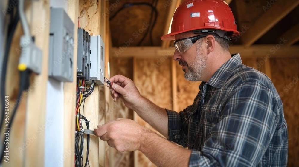 An electrical system inspection in a newly built home, featuring an ...