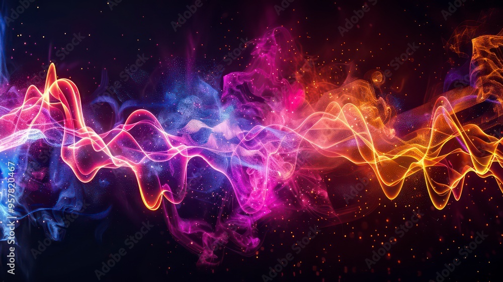 A creative audio visualizer with vibrant neon colors and a dynamic waveform design against a ...