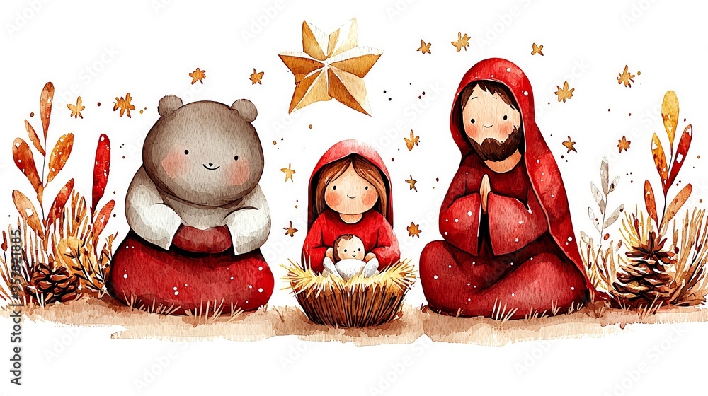 Watercolor Nativity Scene With Mary Joseph And Baby Jesus In Soft