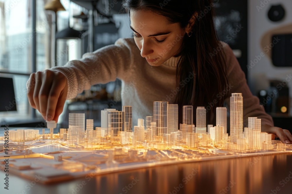 A female urban planner using a 3D model to visualize city development. She’s manipulating the ...