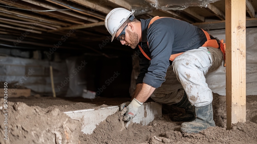 A detailed foundation inspection, showing an inspector examining the ...