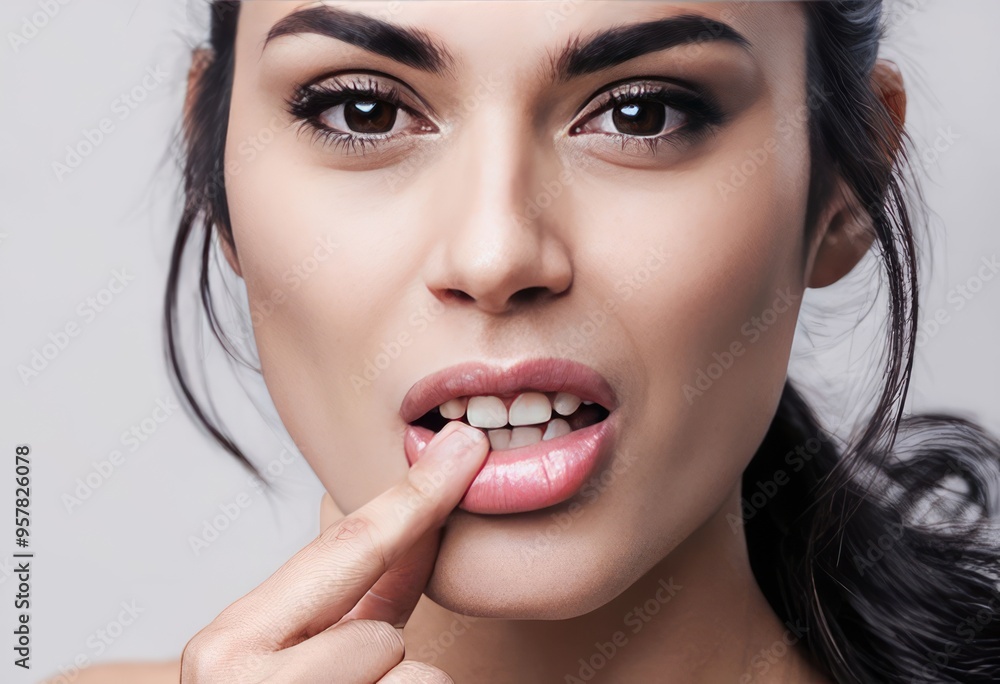 5 lip bite the woman bites her lower lip lightly her dark hair t Stock ...